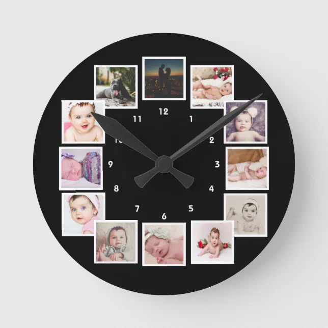 12 Photo Collage Personalized Round Clock | Zazzle