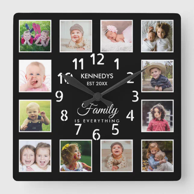 12 Photo Collage Template Family Name Quote Black Square Wall Clock ...