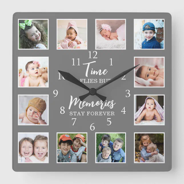 12 Photo Collage Time Flies Memories Stay Gray Square Wall Clock | Zazzle
