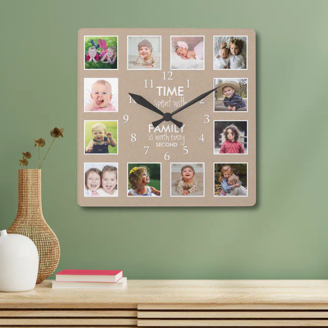 12 Photo Collage Time Spent With Family Quote Square Wall Clock | Zazzle