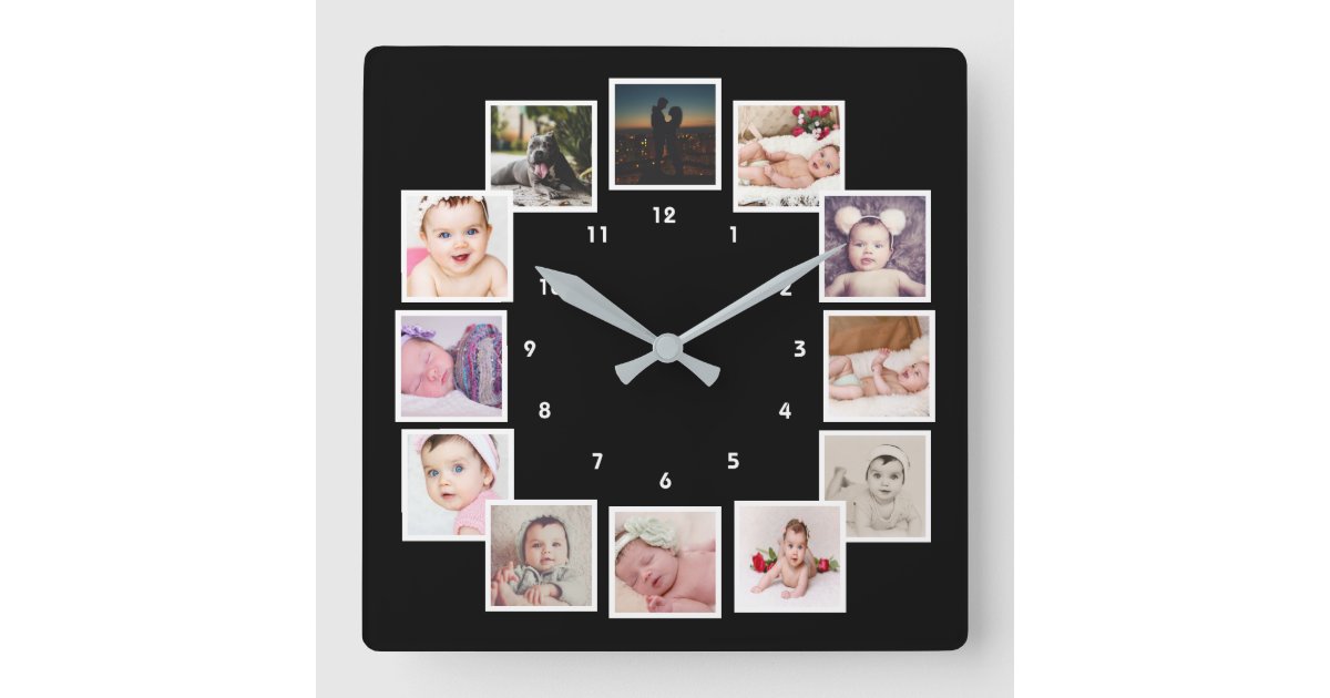 12 Photo Collage Unique Personalized Square Wall Clock | Zazzle