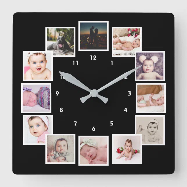 12 Photo Collage Unique Personalized Square Wall Clock | Zazzle