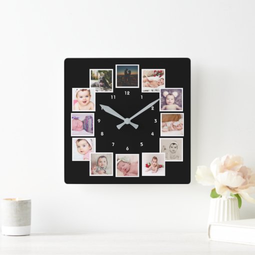 12 Photo Collage Unique Personalized Square Wall Clock | Zazzle