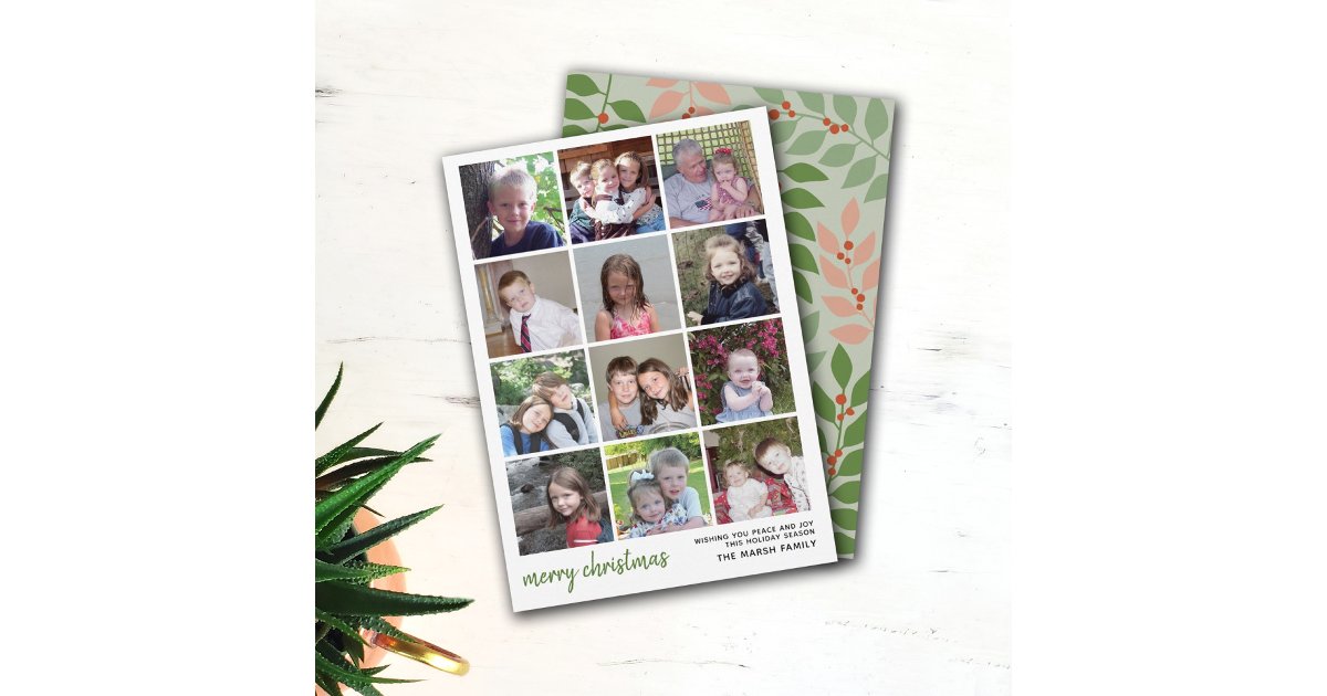12 Photo Merry Christmas with sage botanical back Holiday Card | Zazzle