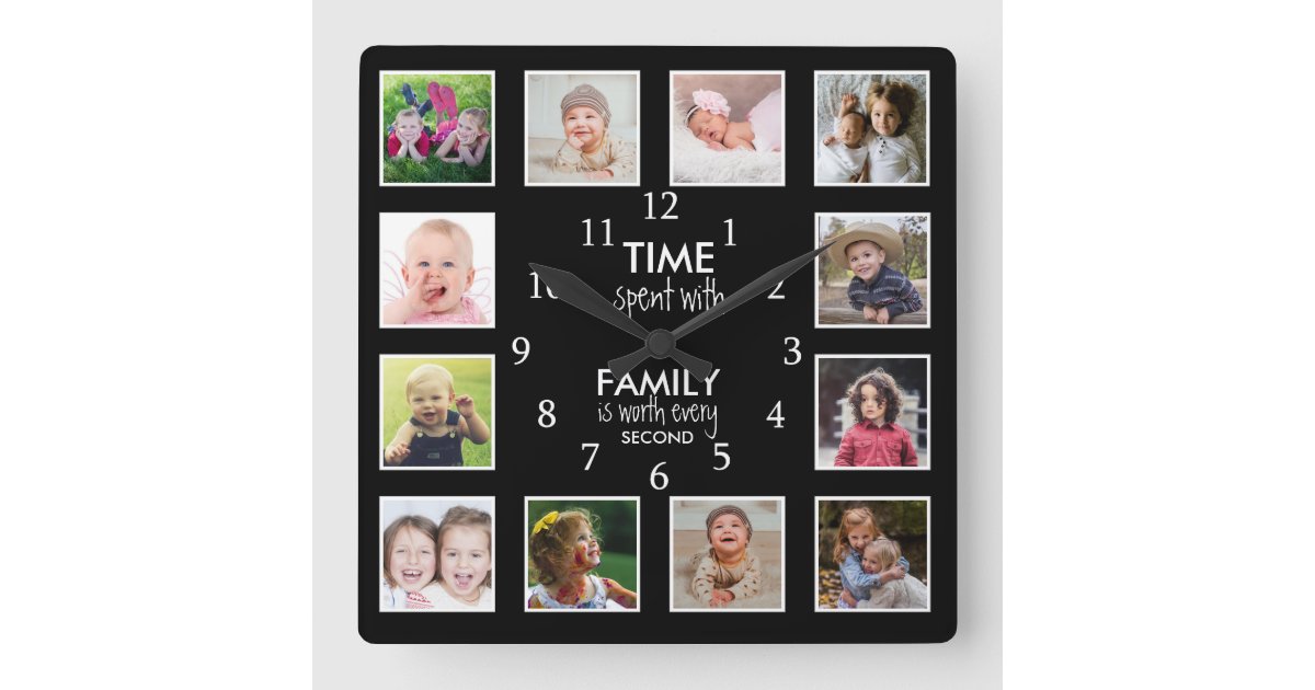 12 Photo Template Time With Family Quote Black Square Wall Clock | Zazzle