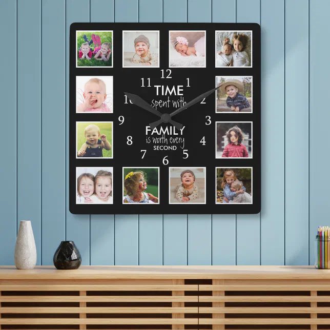12 Photo Template Time With Family Quote Black Square Wall Clock | Zazzle