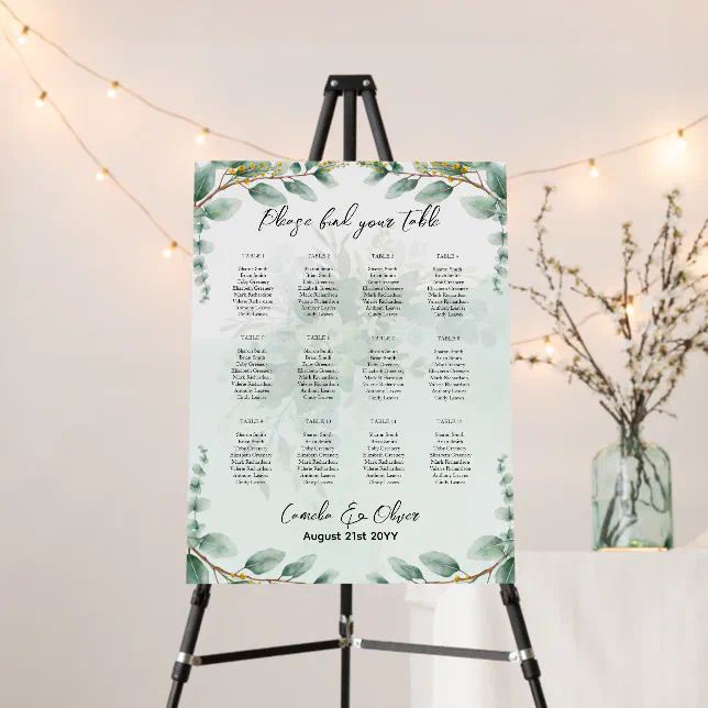 12 Table Greenery Eucalyptus Rustic SEATING CHART Foam Board | Zazzle