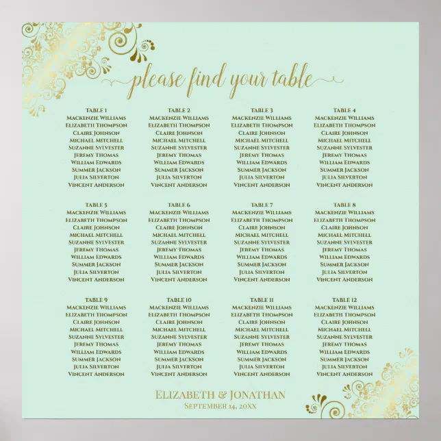 12 Table Mint Green & Gold Wedding Seating Chart | Zazzle