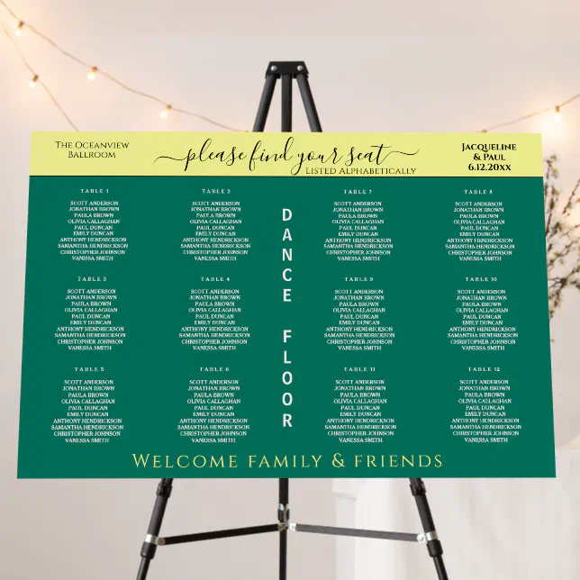 12 Table Wedding Seating Chart Yellow Green Foam Board | Zazzle