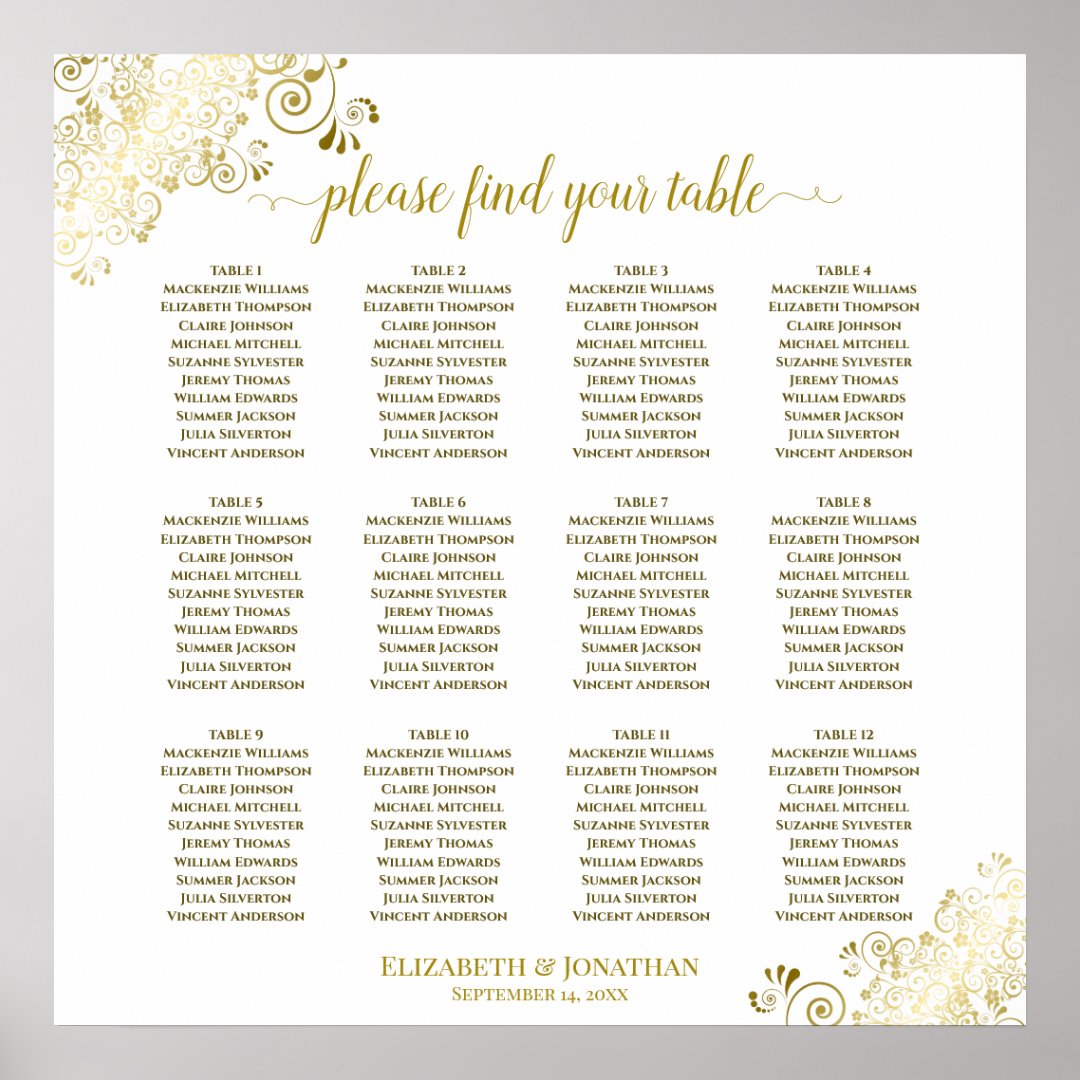 12 Table White Wedding Seating Chart Gold Frills | Zazzle