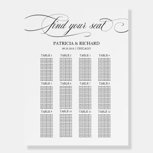 12 Tables Elegant Classic Wedding Seating Chart Foam Board | Zazzle
