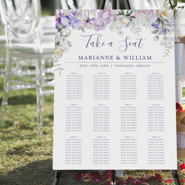 12 Tables Floral Romantic Wedding Seating Chart Foam Board | Zazzle