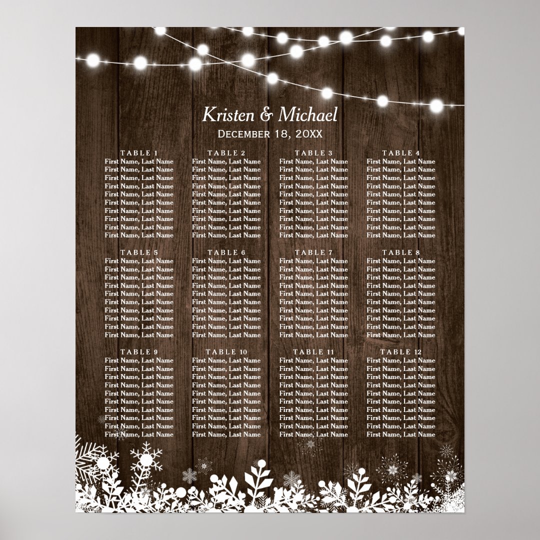 12 Tables Rustic Wood Winter Wedding Seating Chart | Zazzle
