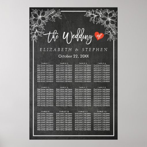 12 Tables Seating Chart Chalkboard Floral Frame | Zazzle