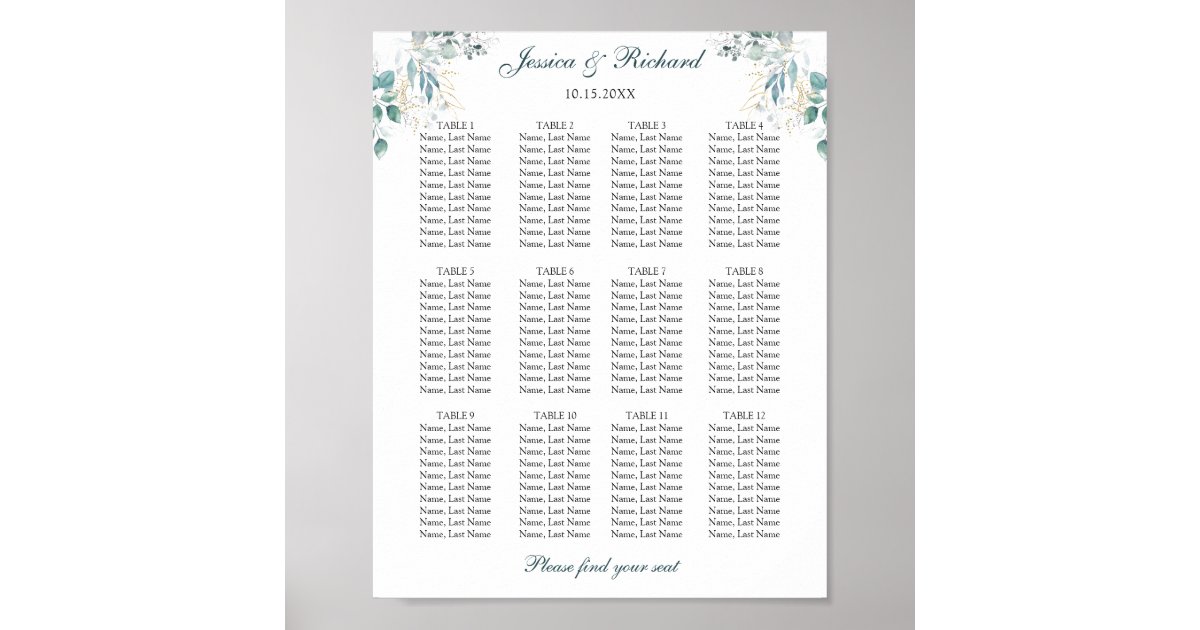 12 Tables Seating Chart Poster Sign | Zazzle
