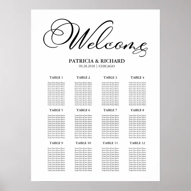 12 Tables Wedding Seating Plan Board Elegant Poster | Zazzle