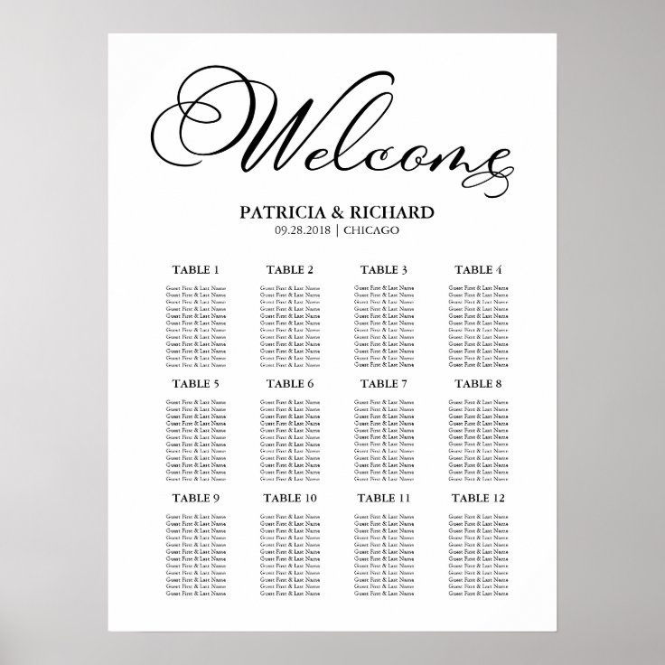 12 Tables Wedding Seating Plan Board Elegant Poster | Zazzle