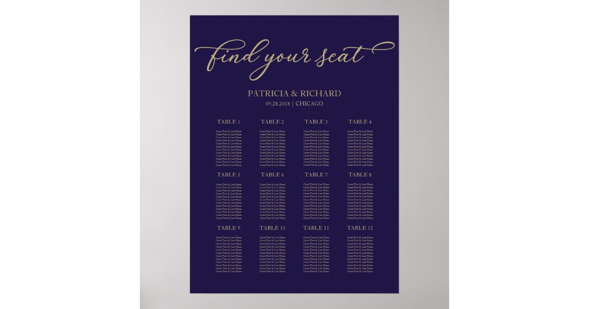 12 Tables Wedding Seating Plan Chic Gold Navy Blue Poster | Zazzle
