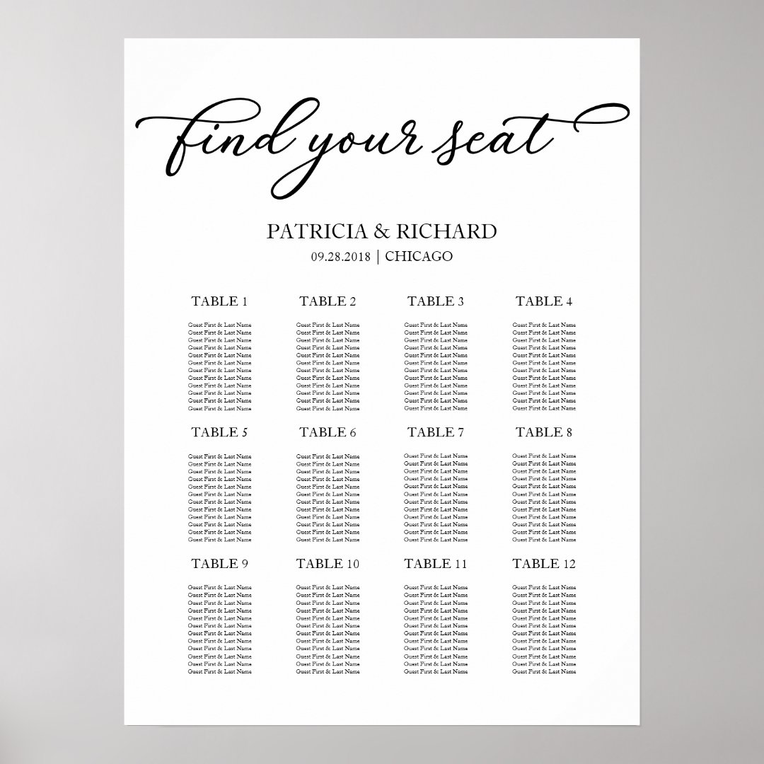 12 Tables Wedding Seating Plan Chic Script Poster | Zazzle