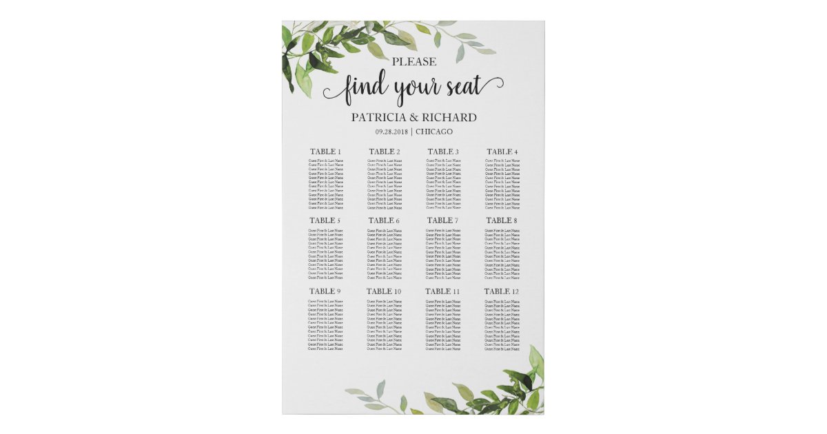 12 Tables Wedding Seating Plan Elegant Greenery Faux Canvas Print | Zazzle