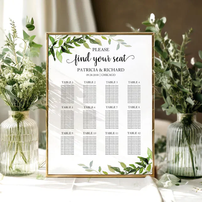 12 Tables Wedding Seating Plan Elegant Greenery Poster | Zazzle