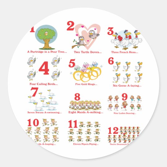 12 twelves days of christmas complete classic round sticker | Zazzle.com
