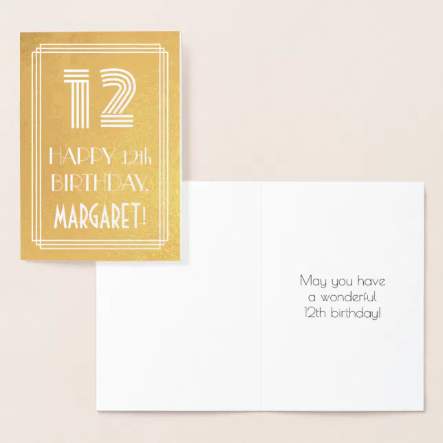 12th Birthday – Art Deco Inspired Look "12" + Name Foil Card | Zazzle