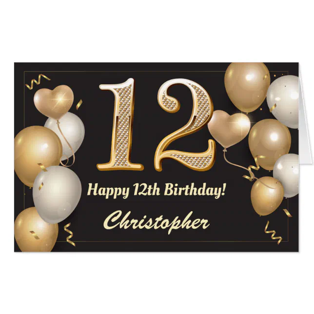 12th Birthday Black and Gold Balloons Extra Large Card | Zazzle