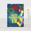 12th Birthday card with fireworks and balloons | Zazzle