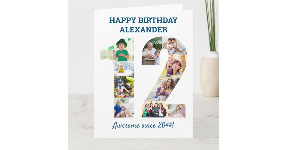 12th Birthday Number 12 Blue Photo Collage Card | Zazzle