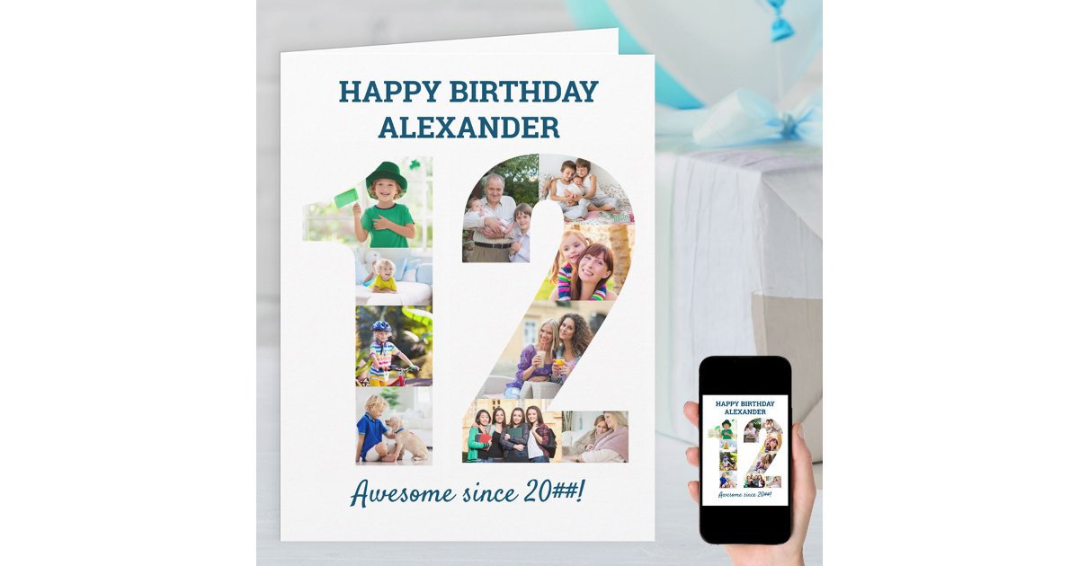 12th Birthday Number 12 Blue Photo Collage Card | Zazzle