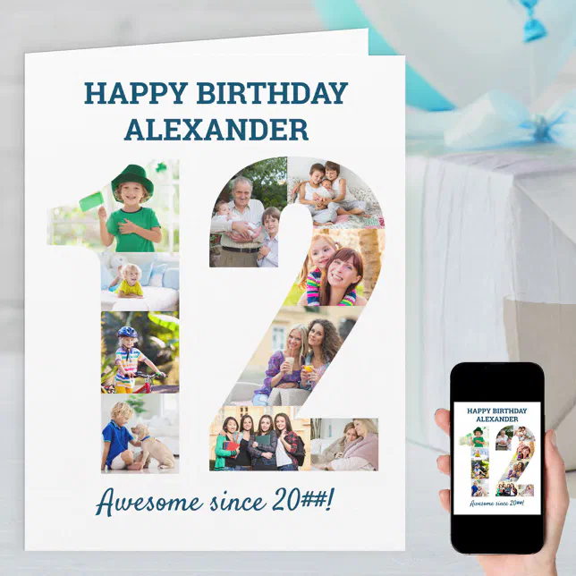 12th Birthday Number 12 Blue Photo Collage Card | Zazzle