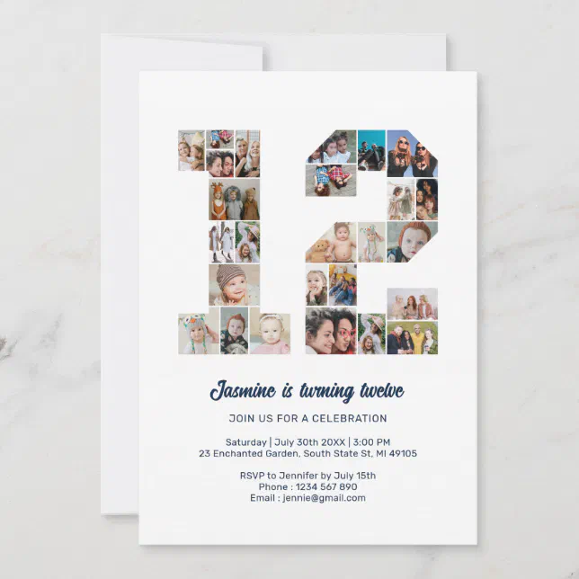 12th Birthday Number 12 Custom Photo Collage Invitation | Zazzle