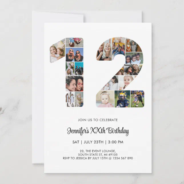 12th Birthday Number 12 Custom Photo Collage Invitation | Zazzle