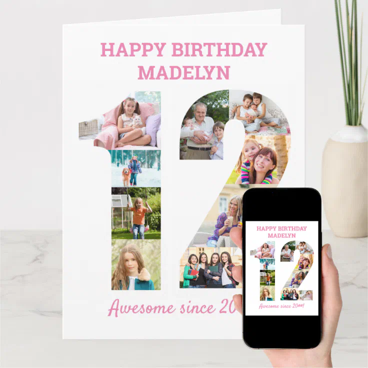 12th Birthday Number 12 Pink Photo Collage Card | Zazzle