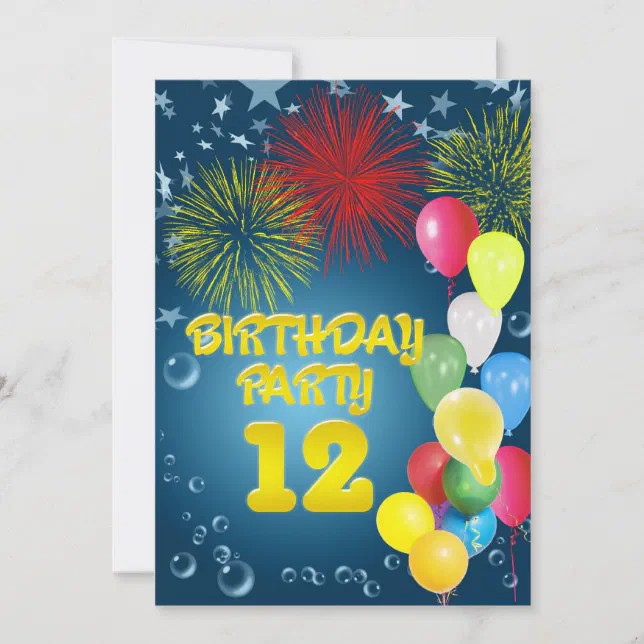 12th Birthday party Invitation with balloons | Zazzle