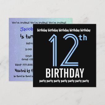 12th Birthday Party Modern Blue and Black W691 Invitation | Zazzle