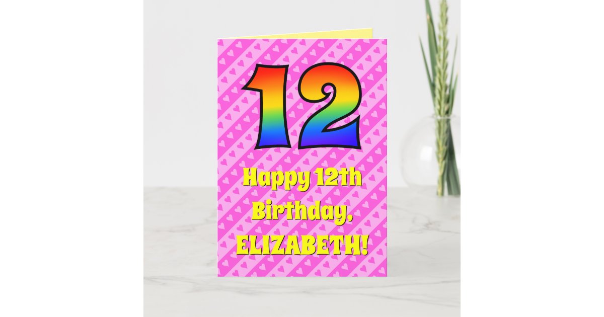 12th Birthday: Pink Stripes & Hearts, Rainbow # 12 Card | Zazzle