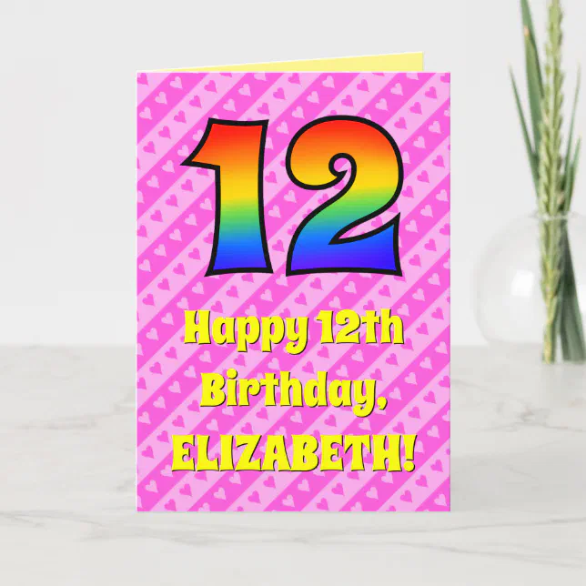 12th Birthday: Pink Stripes & Hearts, Rainbow # 12 Card | Zazzle