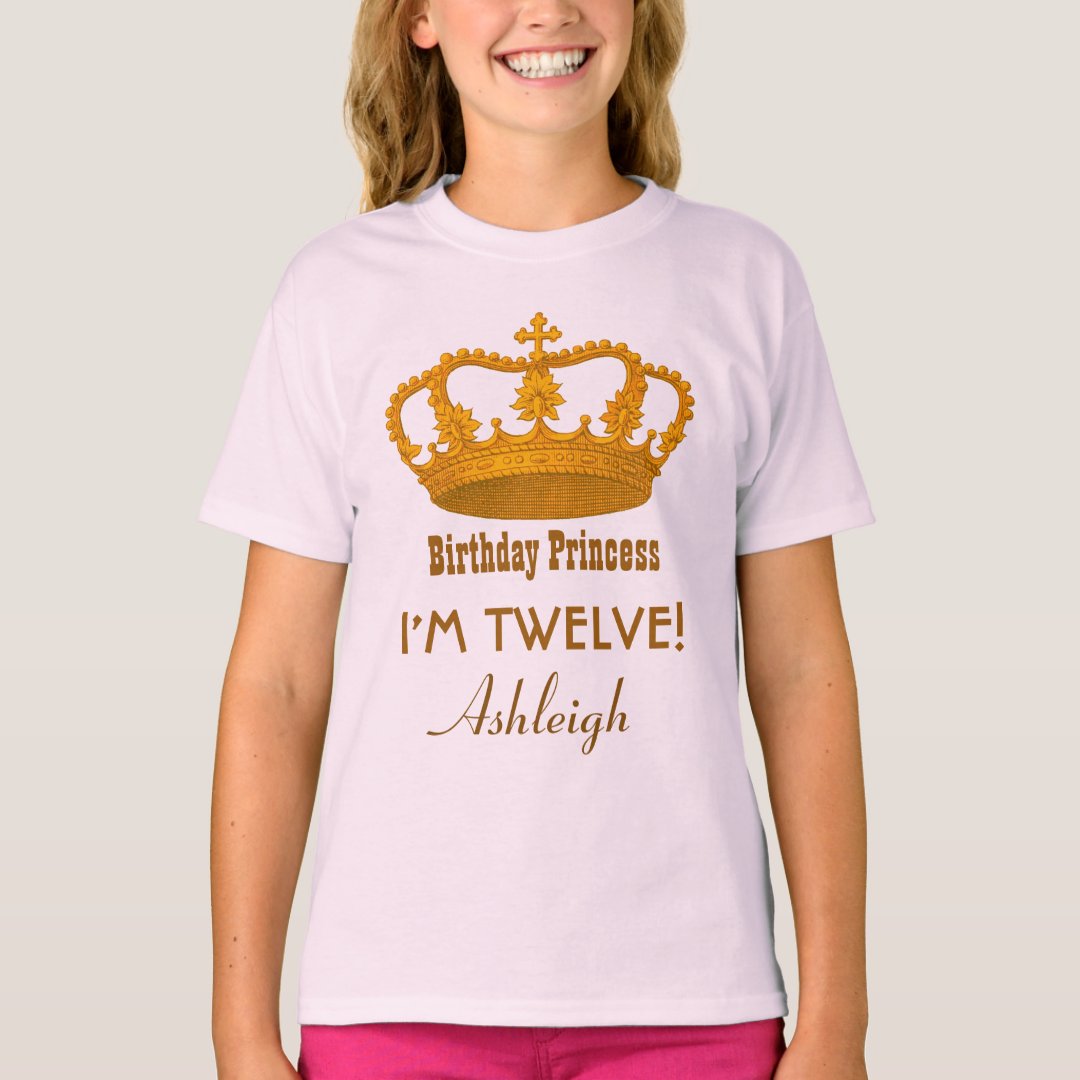 12th Birthday Princess Custom Name Royal Crown A10 T-Shirt | Zazzle