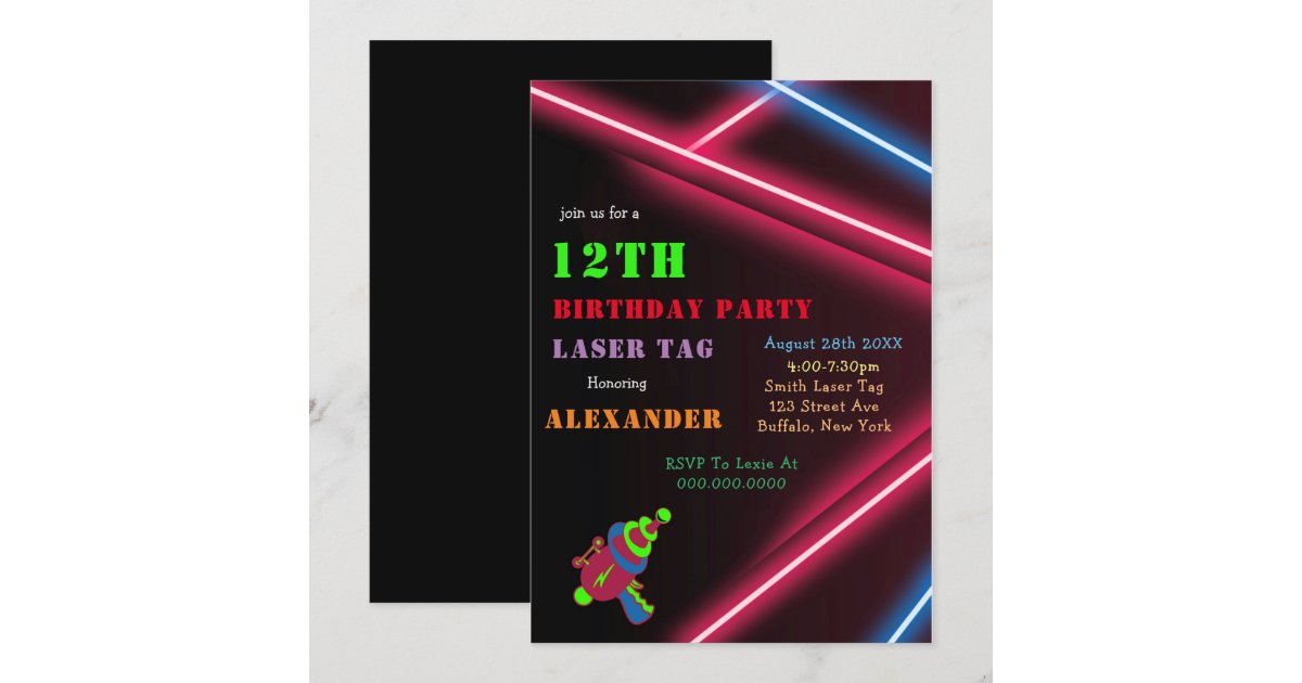 12th Neon Birthday Laser Tag Party Invitations | Zazzle