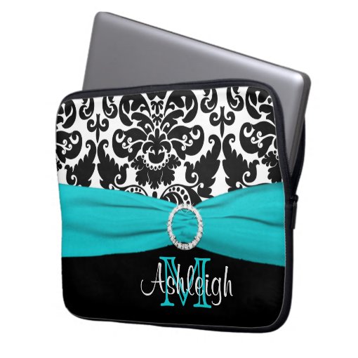13" Aqua Black White FAUX Ribbon Laptop Sleeve | Zazzle