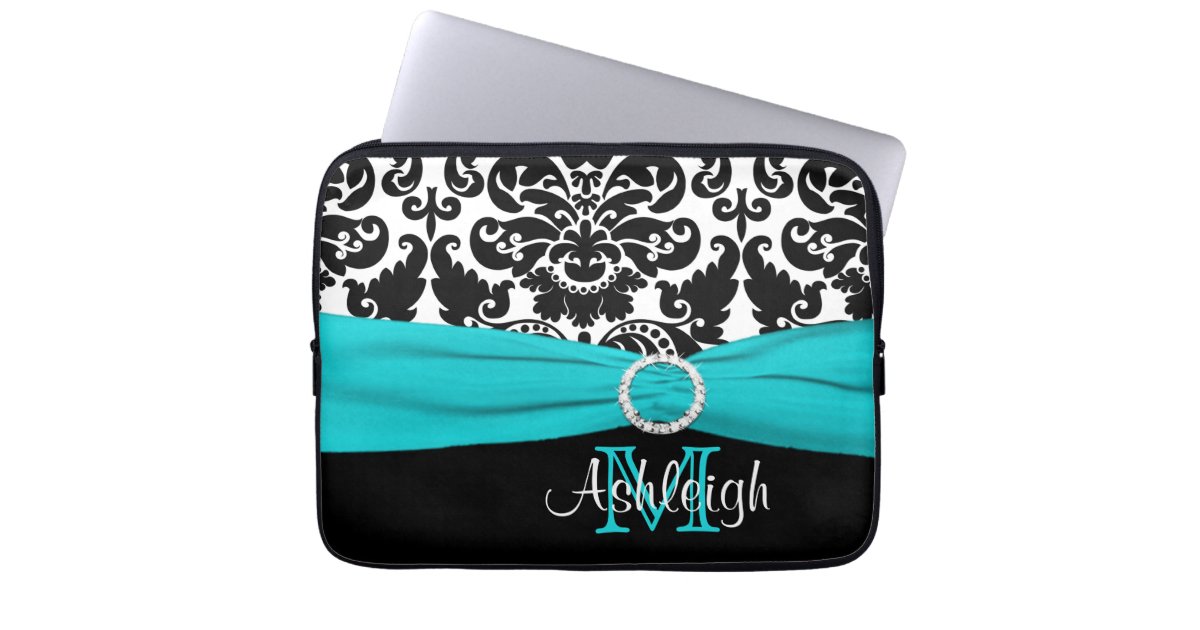 13" Aqua Black White FAUX Ribbon Laptop Sleeve | Zazzle