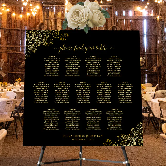 13 Table Black Wedding Seating Chart Golden Frills Foam Board | Zazzle