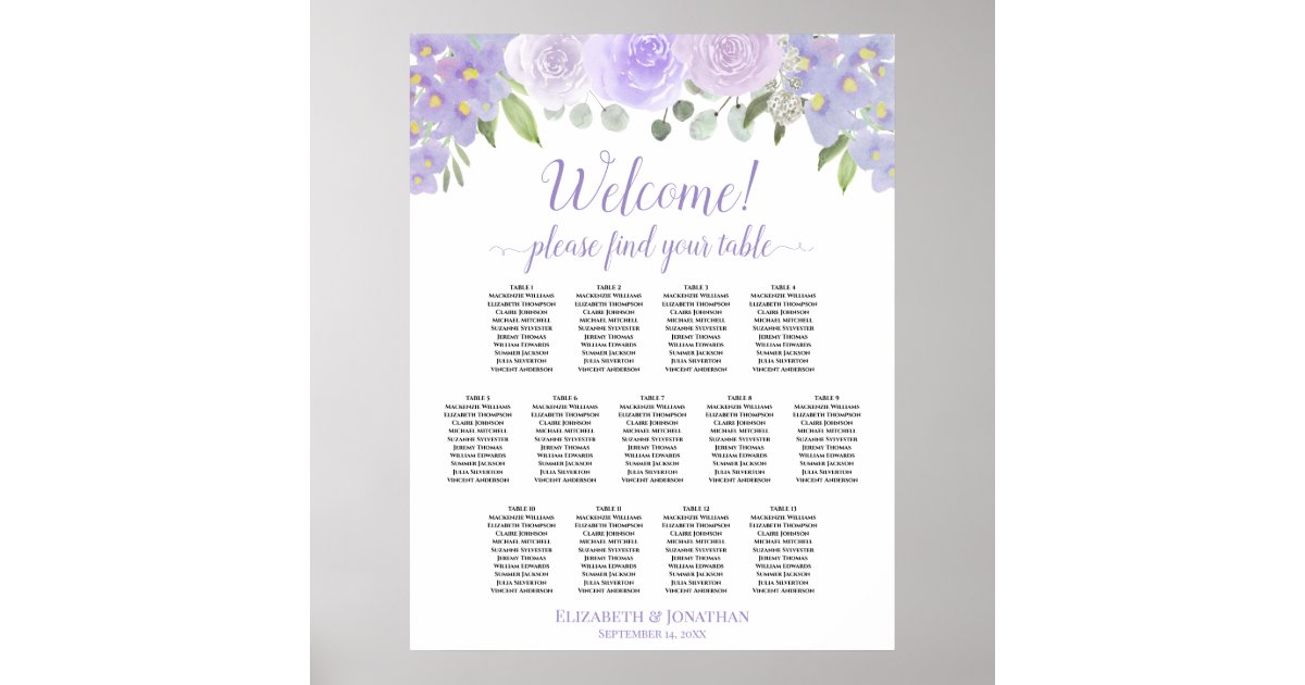 13 Table Lavender Floral Wedding Seating Chart | Zazzle
