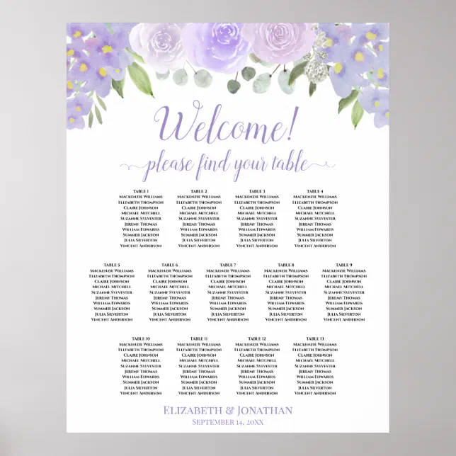 13 Table Lavender Floral Wedding Seating Chart | Zazzle