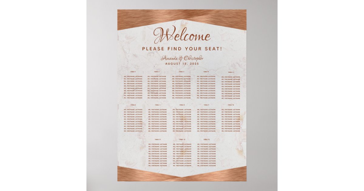 13 Table Seating Chart Wedding Copper Marble Metal | Zazzle