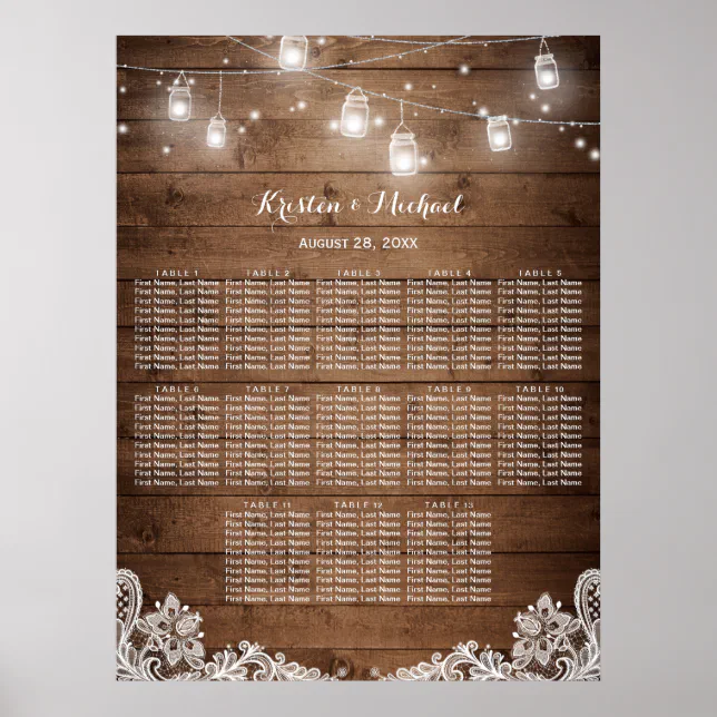 13 Tables Rustic String Lights Seating Chart | Zazzle