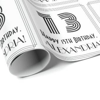 13th Birthday: Art Deco Inspired Style "13" + Name Wrapping Paper | Zazzle