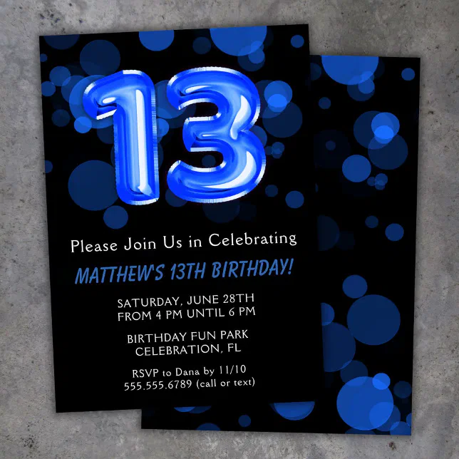 13th Birthday Balloons Kids Blue Boy Party Invitation | Zazzle